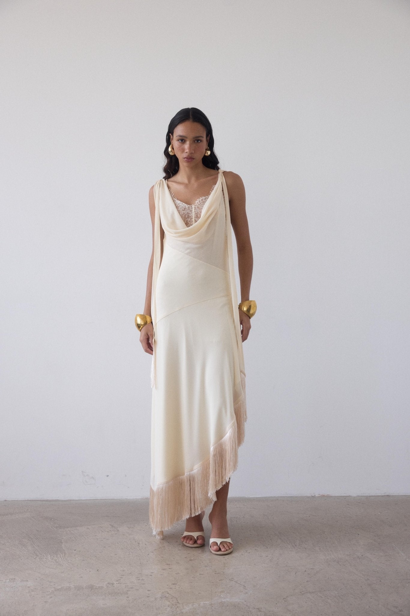 MISTRAL MIDI DRESS IN CREAM CHIFFON & LACE – DE LA VALI OFFICIAL