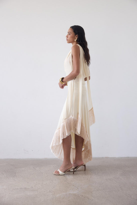 MISTRAL MIDI DRESS IN CREAM CHIFFON & LACE – DE LA VALI OFFICIAL