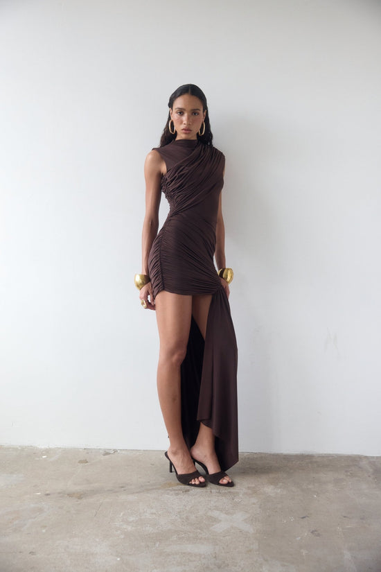 RAVENNA MINI DRESS IN CHOCOLATE BROWN JERSEY – DE LA VALI OFFICIAL