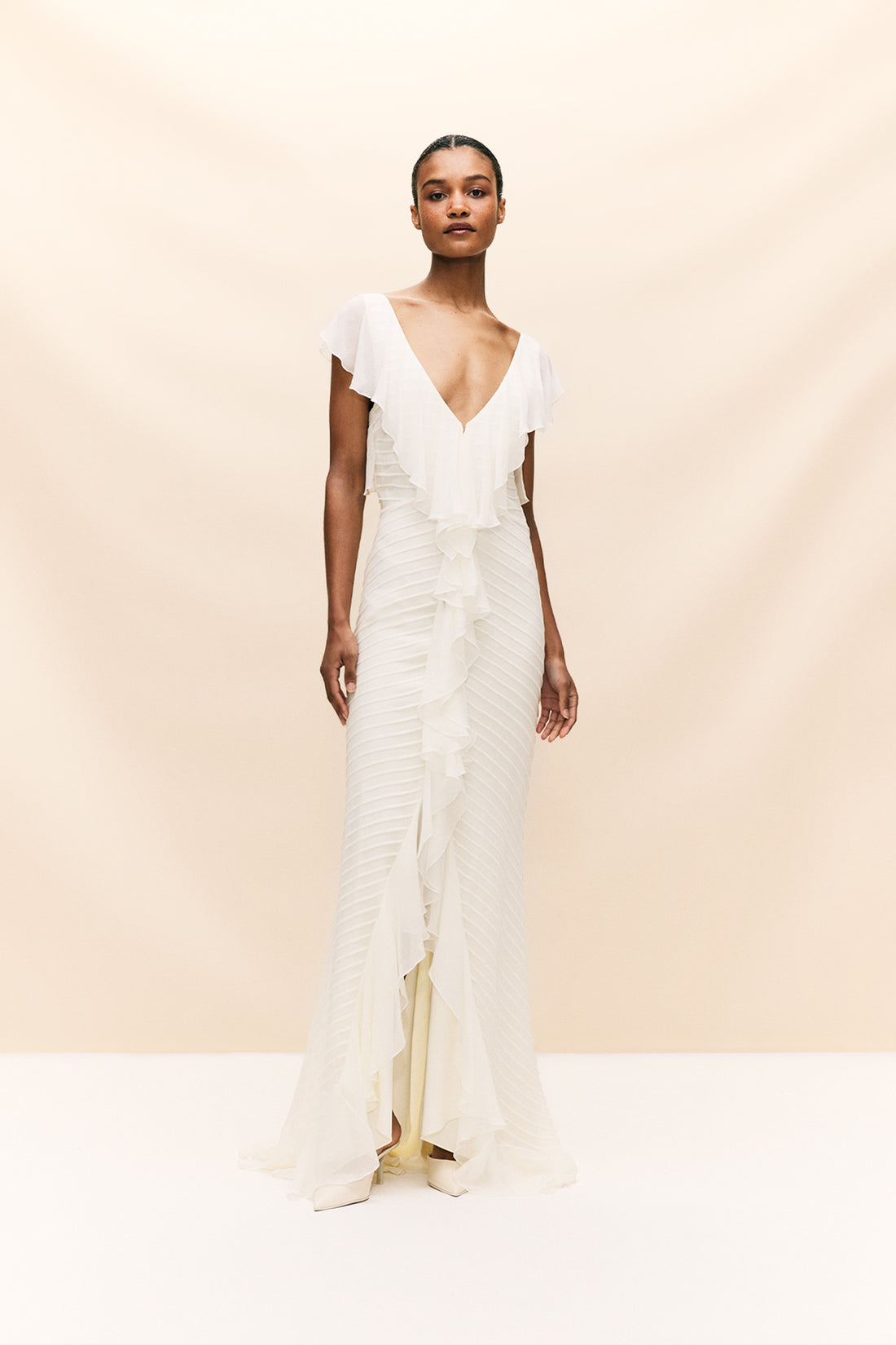 MACAROON MAXI DRESS IN SILK CHIFFON IVORY – DE LA VALI OFFICIAL